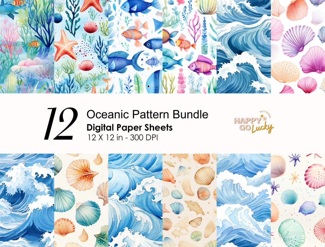 Watercolour Oceanic Seamless Pattern, Waves Digital Paper, Sea Life ...