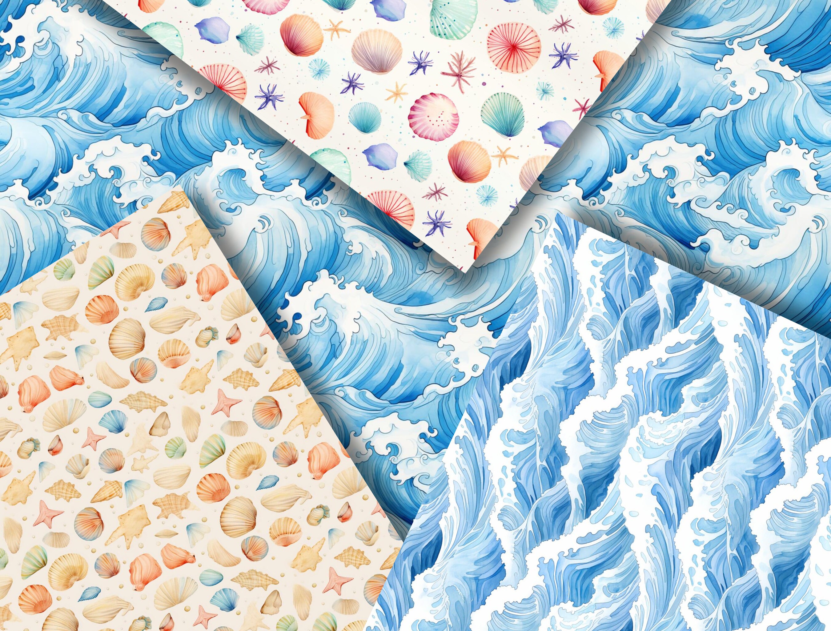 Watercolour Oceanic Seamless Pattern, Waves Digital Paper, Sea Life ...