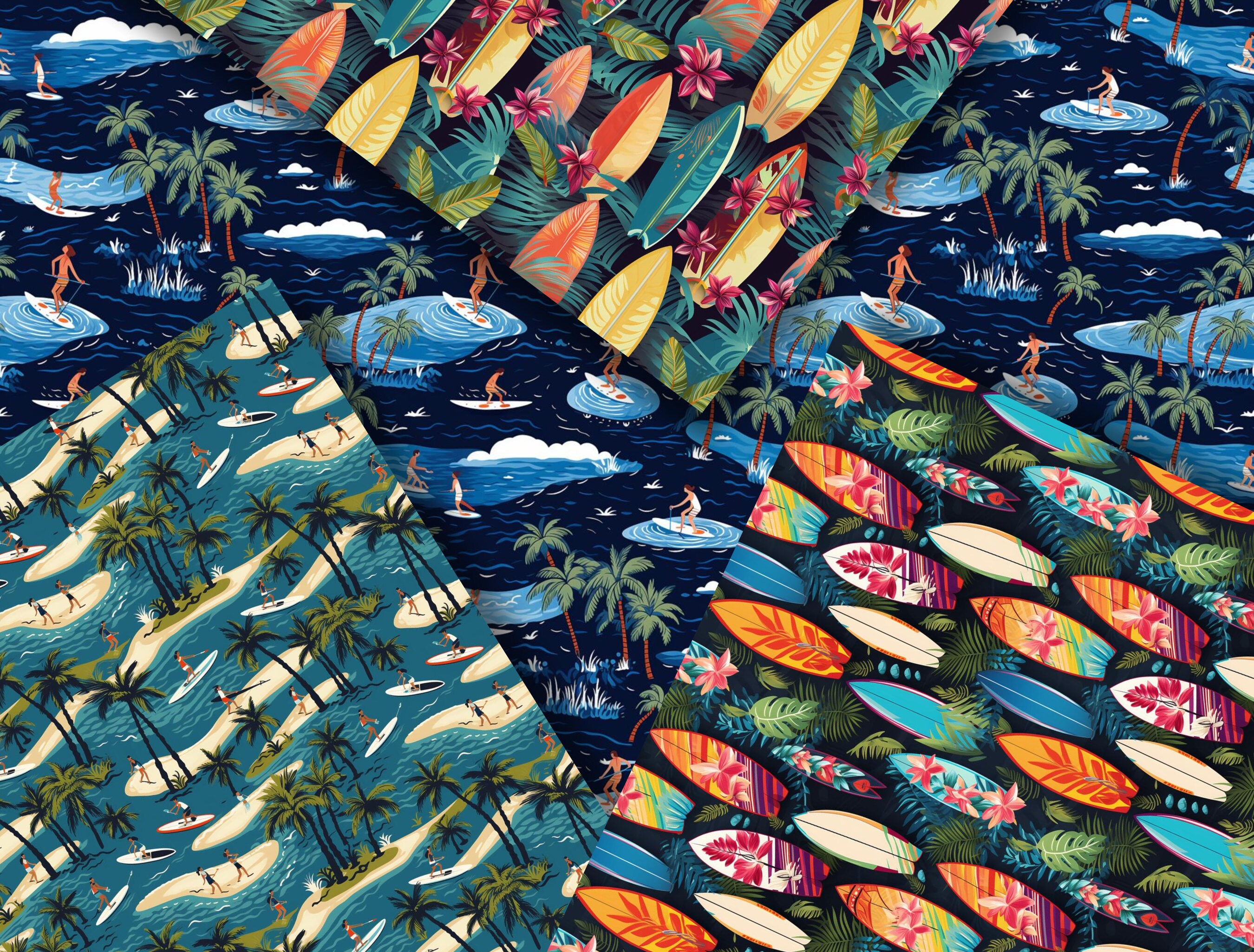 Island Surfing Seamless Pattern, Ocean Waves Digital Paper, Surfboard ...