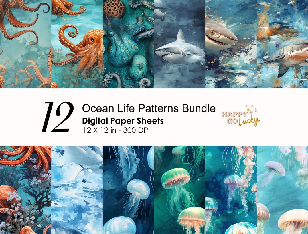 Ocean Life Seamless Pattern, Shark Digital Paper, Octopus Background ...