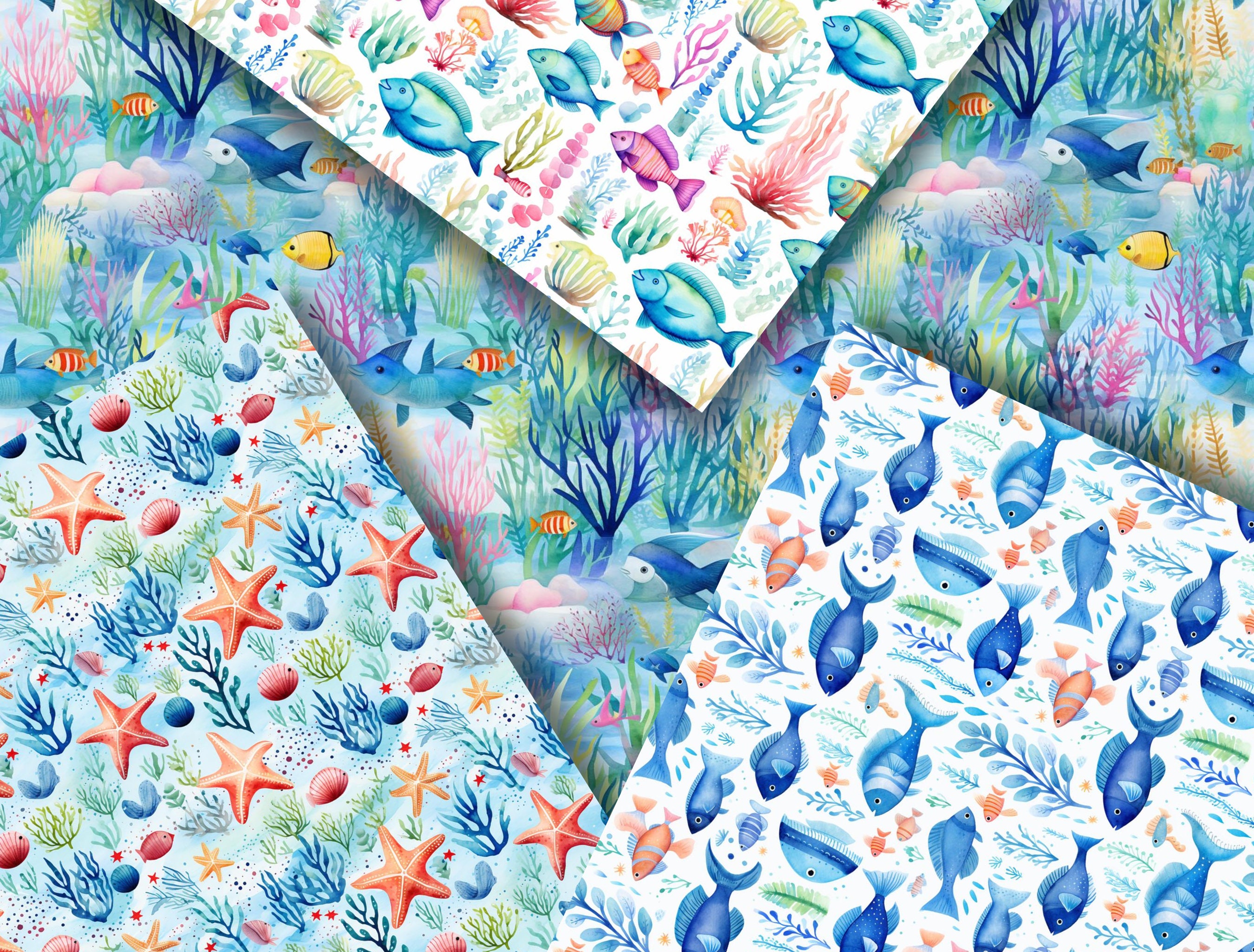 Watercolour Oceanic Seamless Pattern, Waves Digital Paper, Sea Life ...