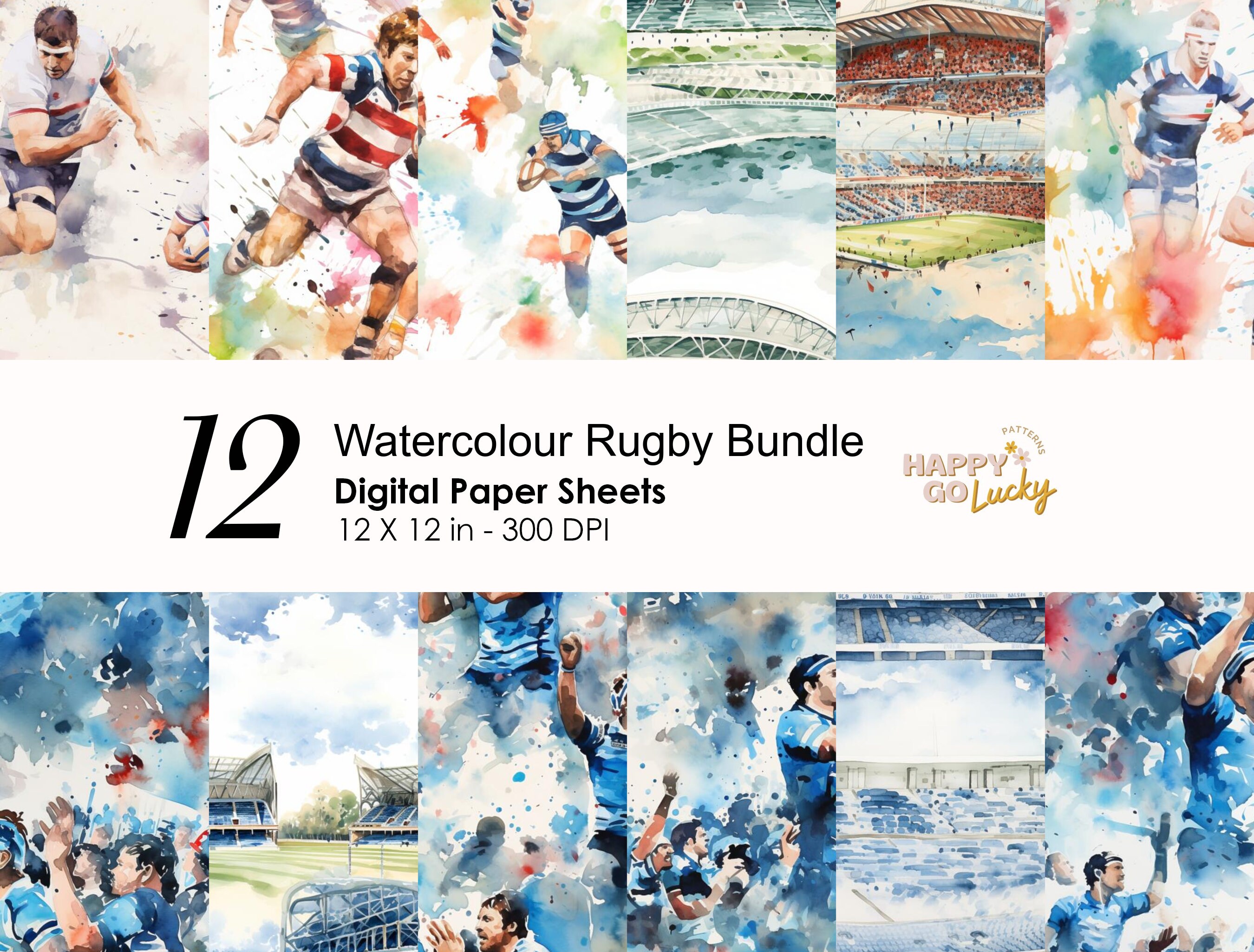 Watercolour Rugby Seamless Pattern, Sports Digital Paper, Sport Stadium ...