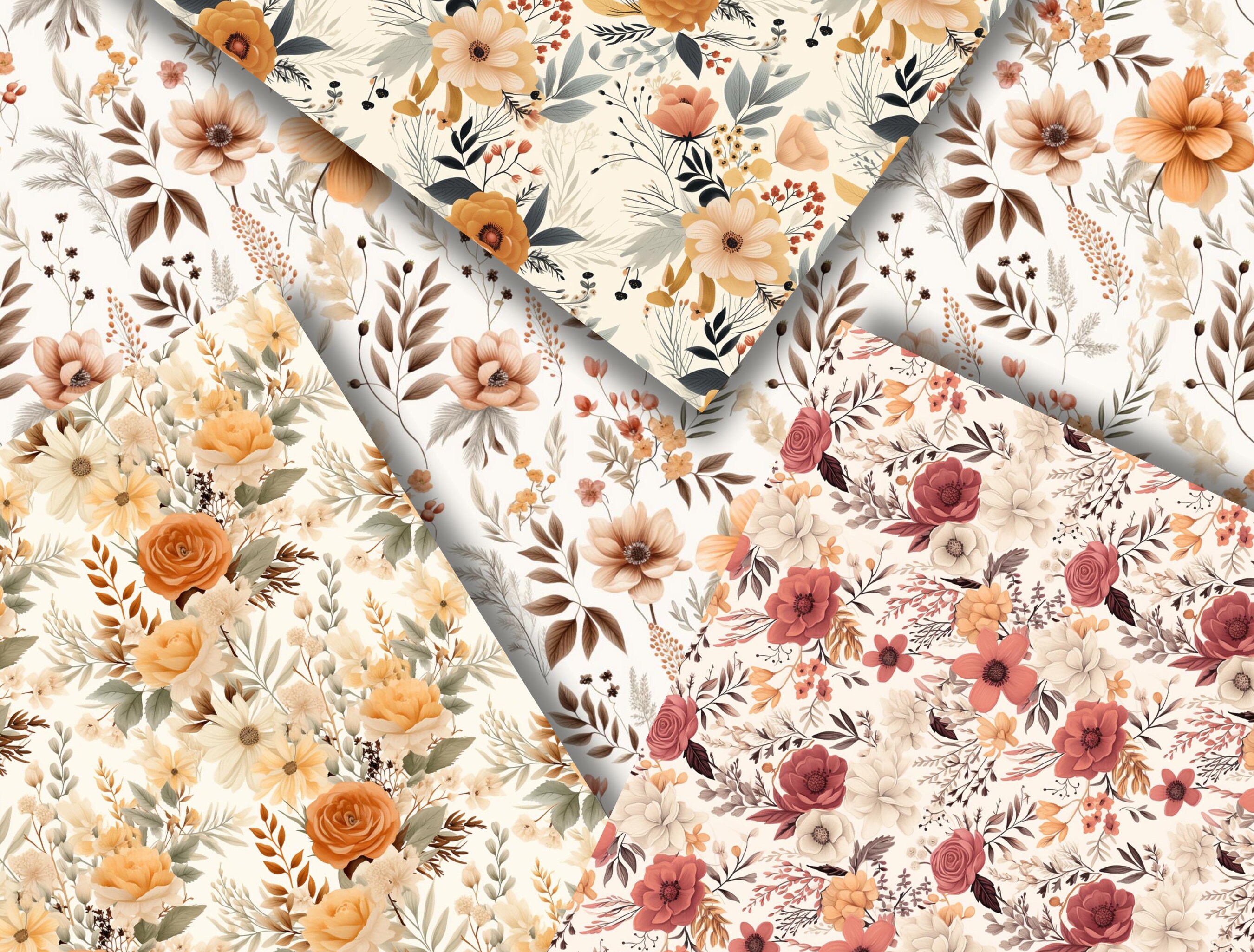 Vintage Rustic Fall Flowers Seamless Pattern, Floral Digital Paper ...