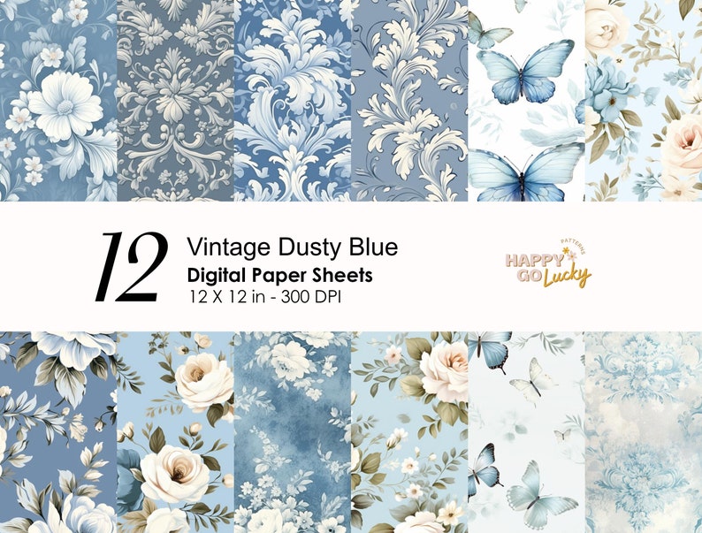 Vintage Dusty Blue Seamless Pattern, Rustic Flower Digital Paper, Toile ...
