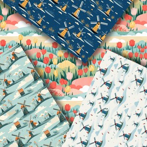 Dutch Houses Seamless Pattern, Tulip Fields Digital Paper, Windmills ...