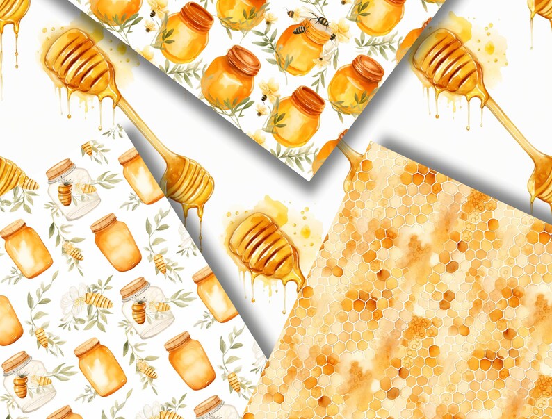 Watercolour Honeybee Seamless Pattern, Honey Jar Digital Paper ...