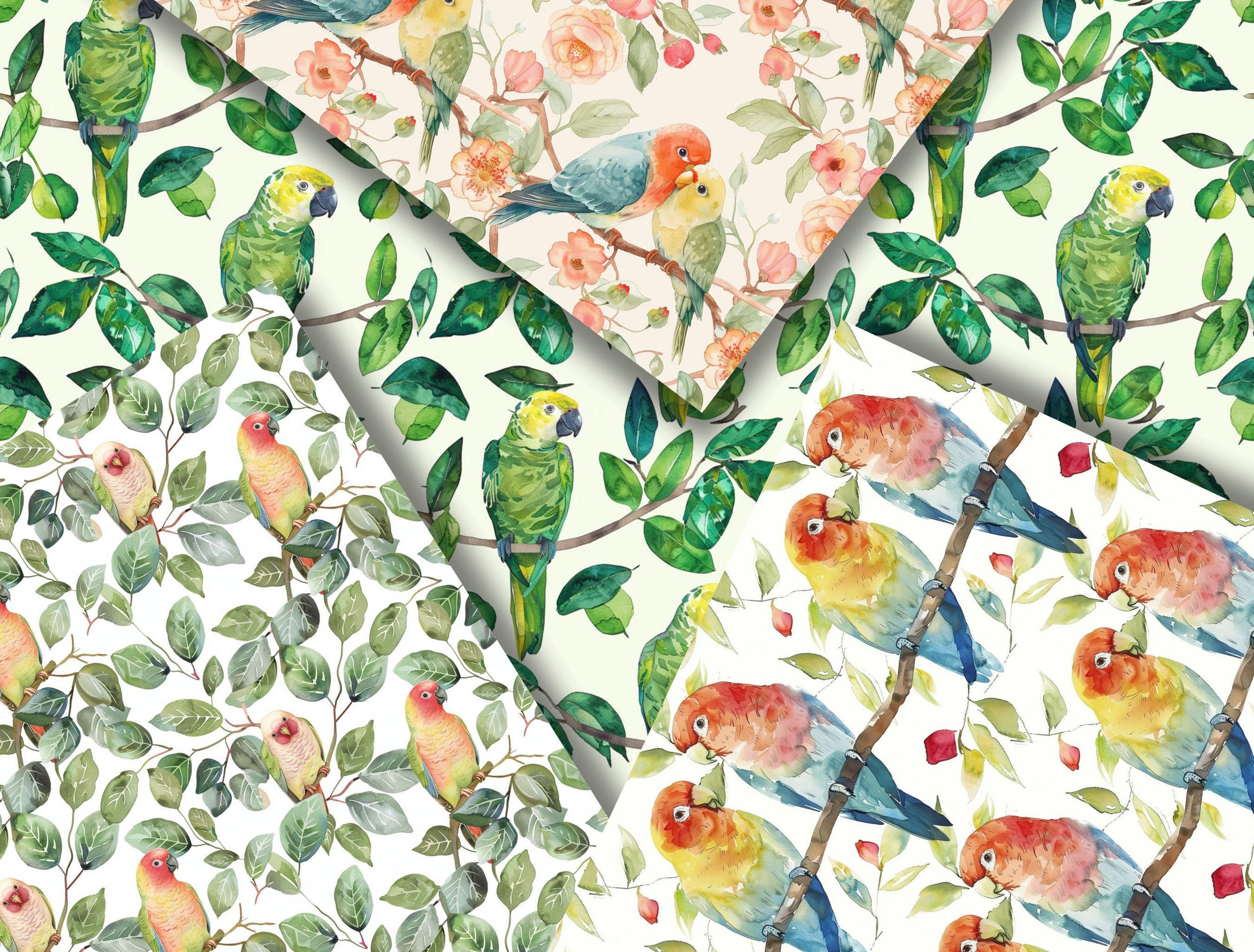 African Grey, Lovebird, Amazon Parrot Seamless Digital Pattern, Exotic ...