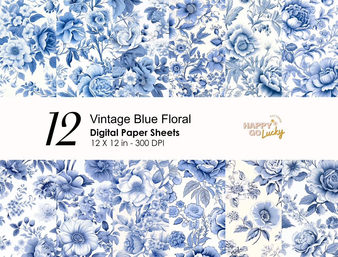 Vintage Blue Floral Seamless Pattern, Rustic Flower Digital Paper ...