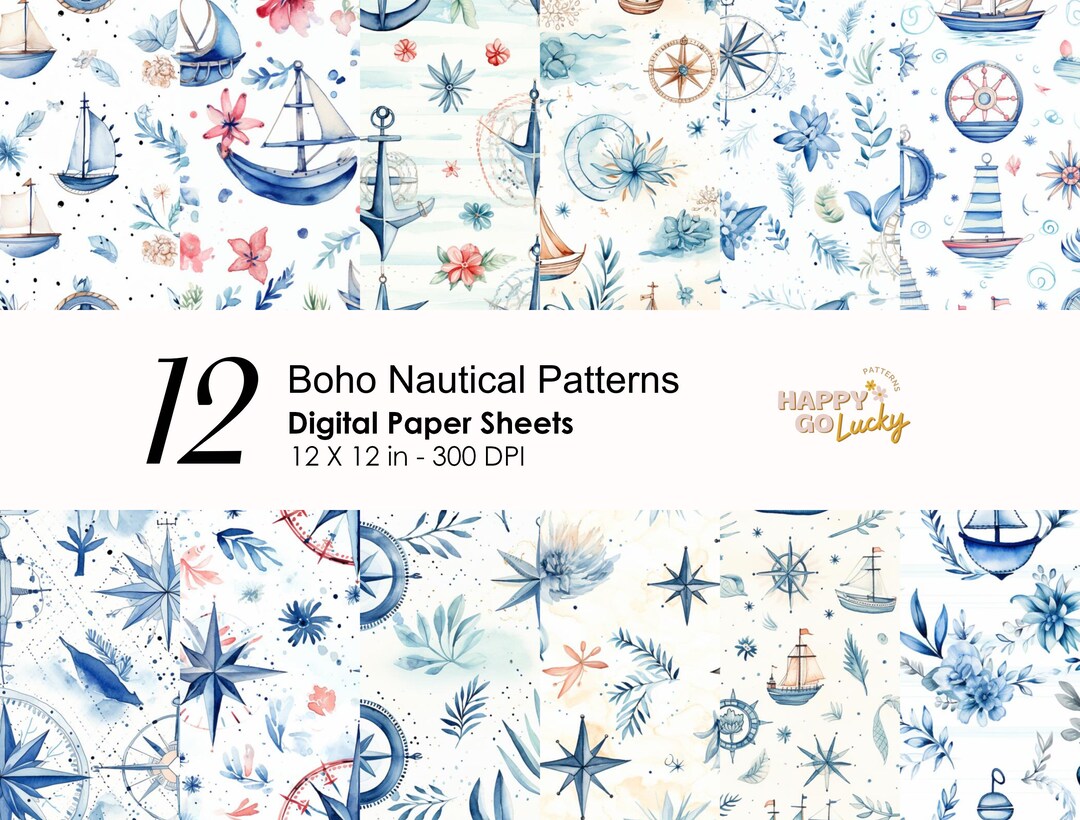 Watercolour Boho Nautical Seamless Digital Pattern, Explore Ship ...