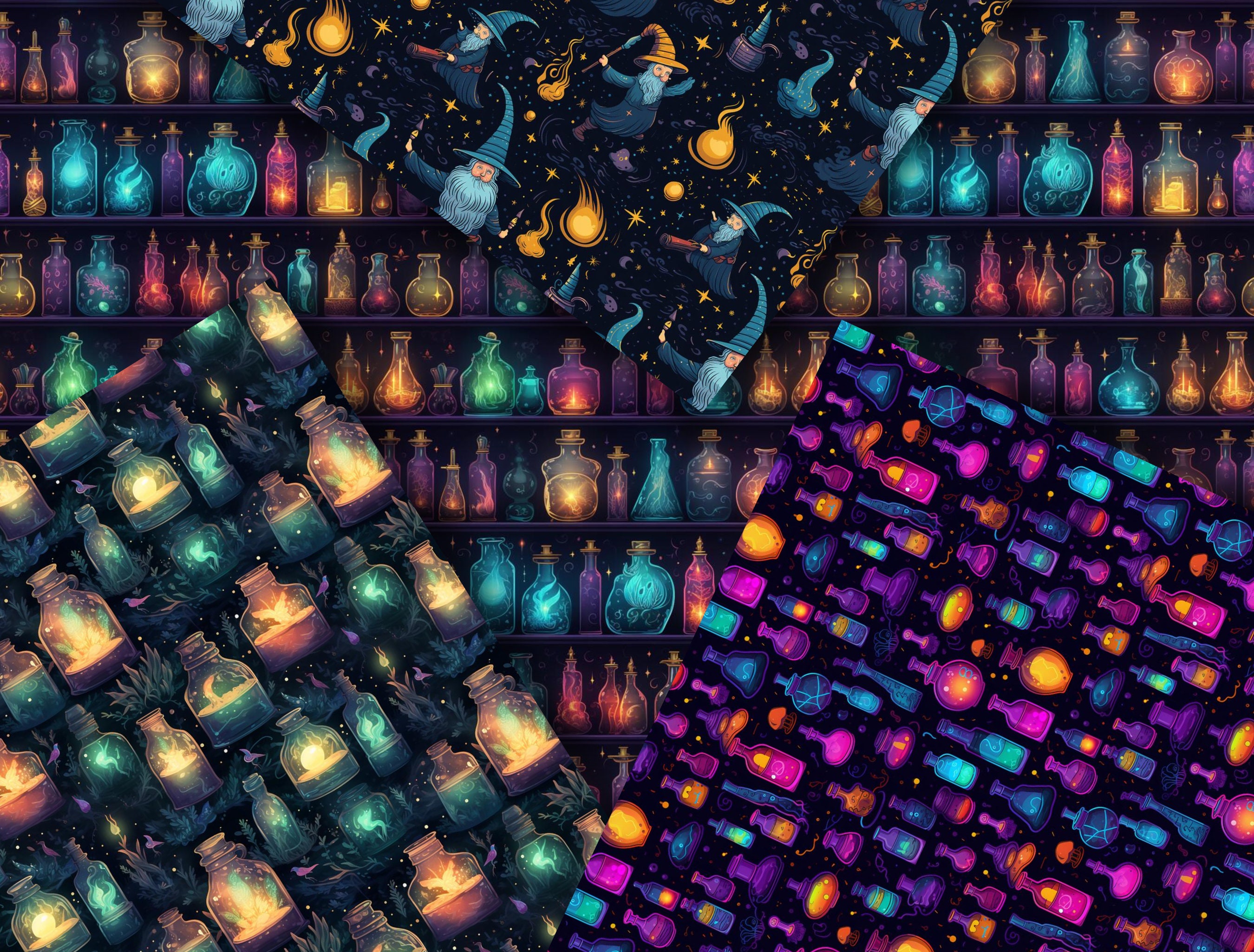 Magical Wizard Seamless Digital Pattern, Magic Potions Digital Paper ...