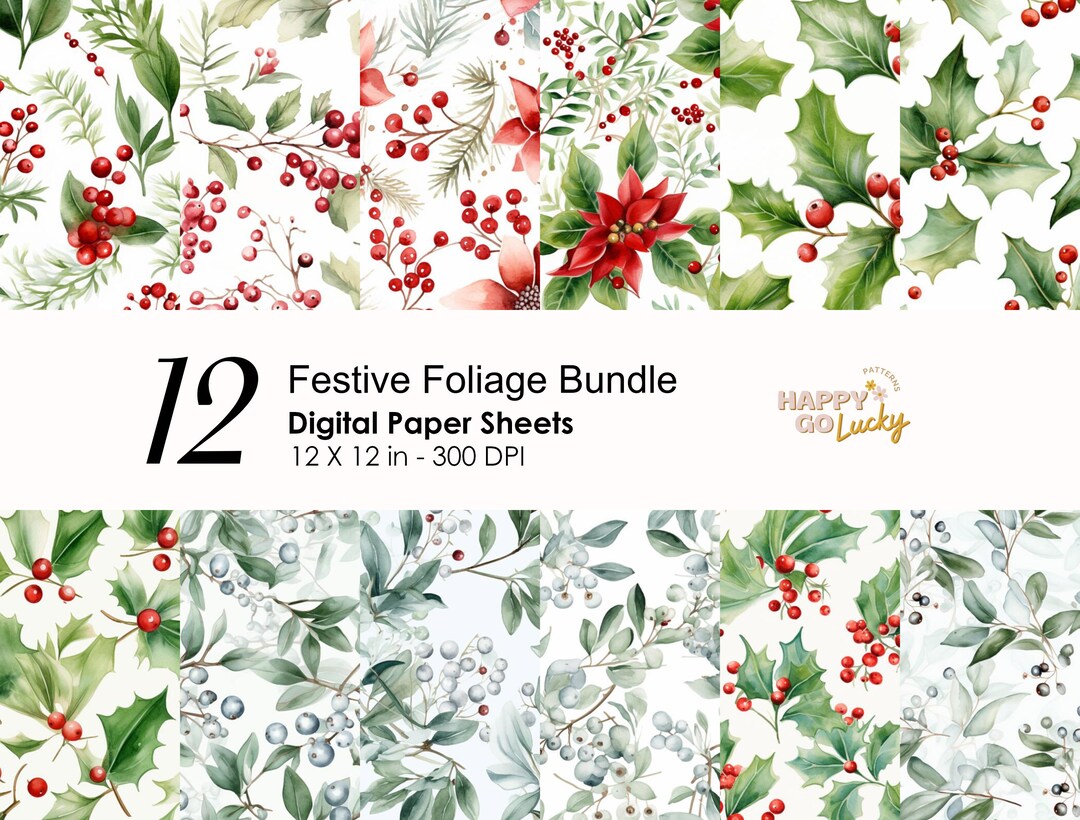 Festive Foilage Seamless Pattern, Watercolour Christmas Digital Paper ...