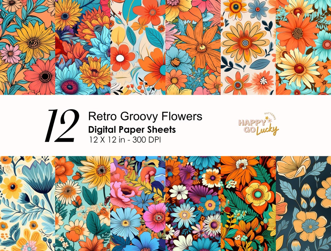 Retro Groovy Flowers Seamless Digital Patterns, Colourful Floral ...