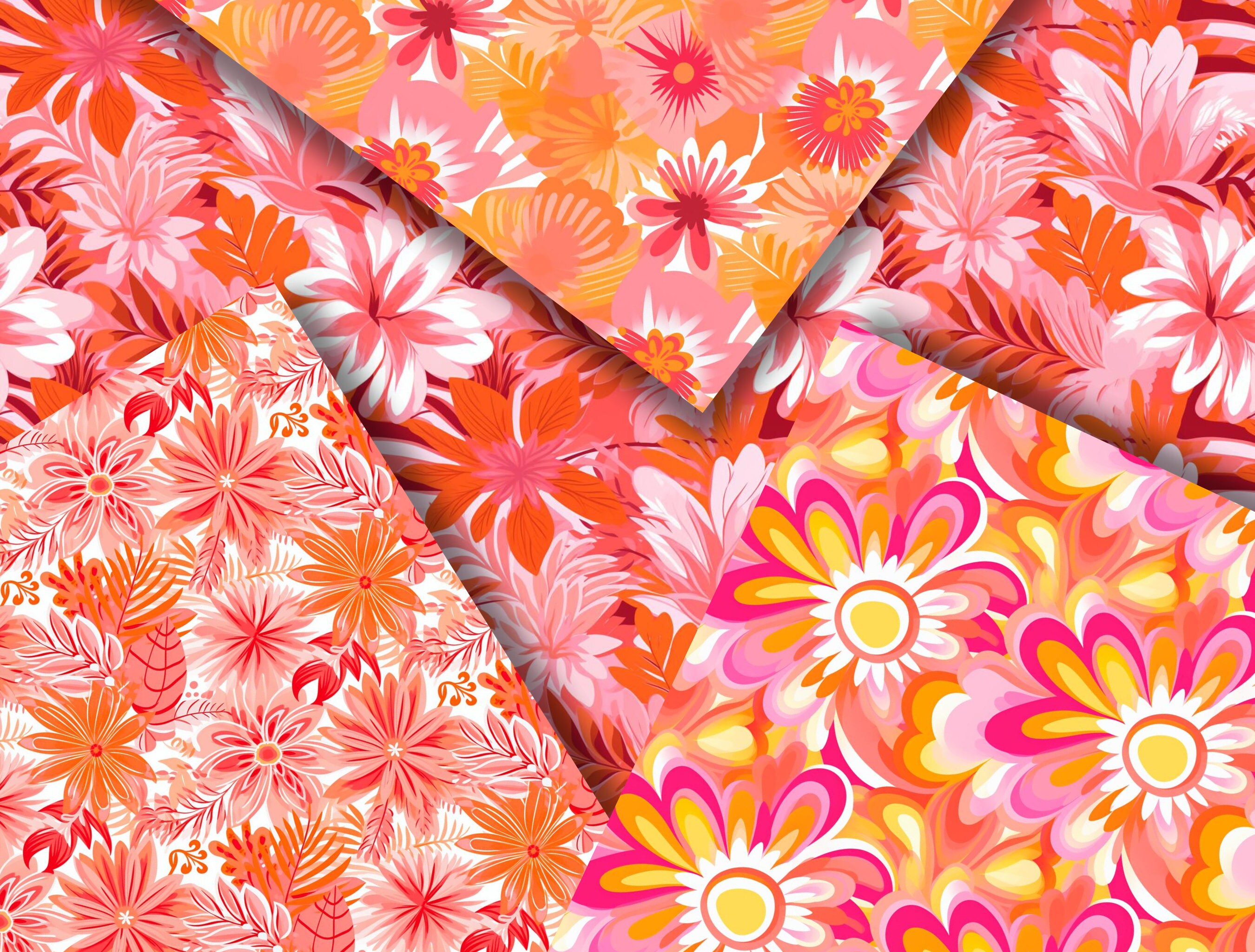 Pink & Orange Retro Seamless Digital Patterns, Groovy Digital Paper, Boho Background, Printable ...