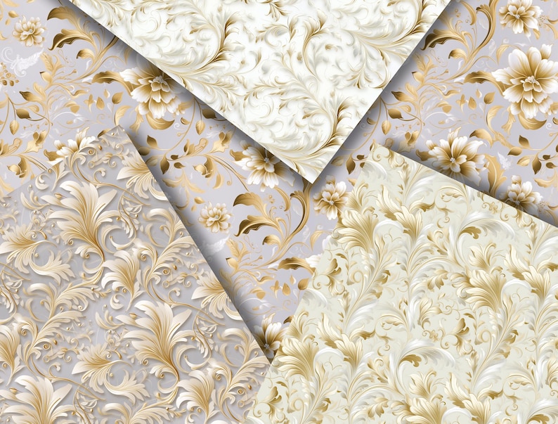 Elegant White & Gold Damask Seamless Pattern, Wedding Flower Digital ...