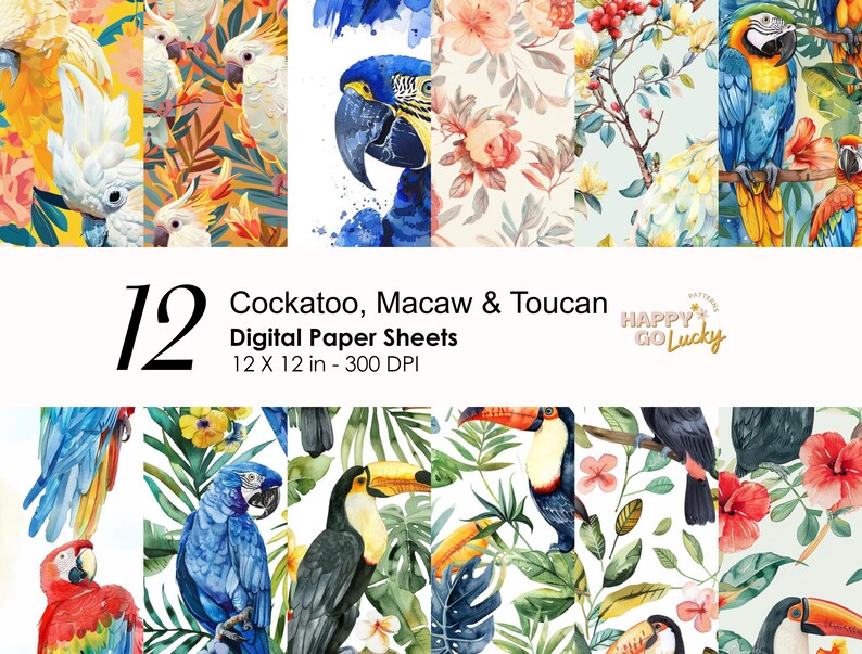 Macaw, Toucan, Cockatoo Parrot Seamless Digital Pattern, Colorful ...