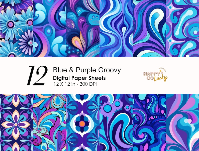 Blue & Purple Groovy Seamless Digital Patterns, Retro Digital Paper ...