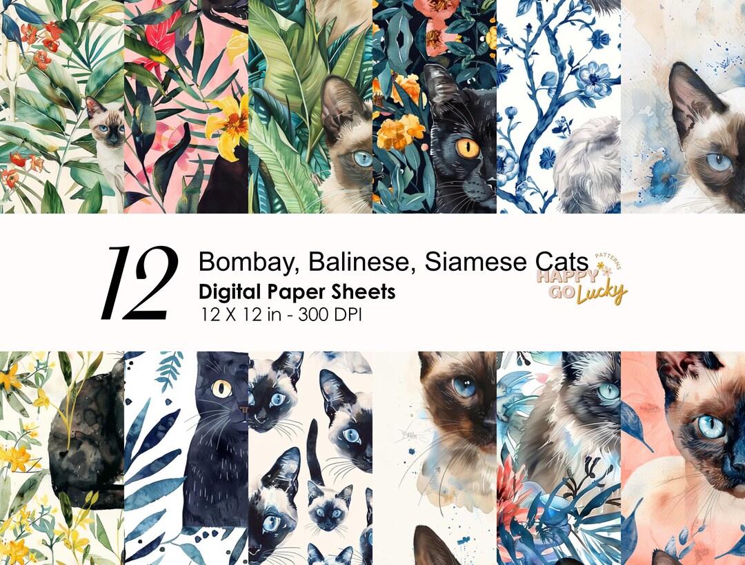 Bombay, Balinese, Siamese Cats Seamless Digital Pattern, Cute Cats ...