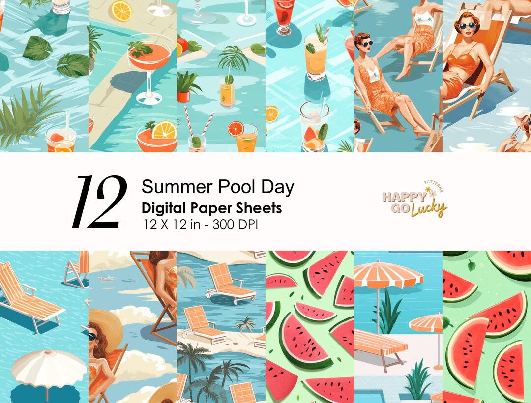 Summer Pool Day Seamless Digital Pattern, Vintage Lady Digital Paper ...