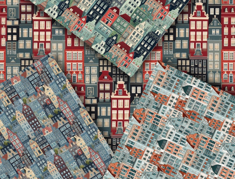 Dutch Houses Seamless Pattern, Tulip Fields Digital Paper, Windmills ...