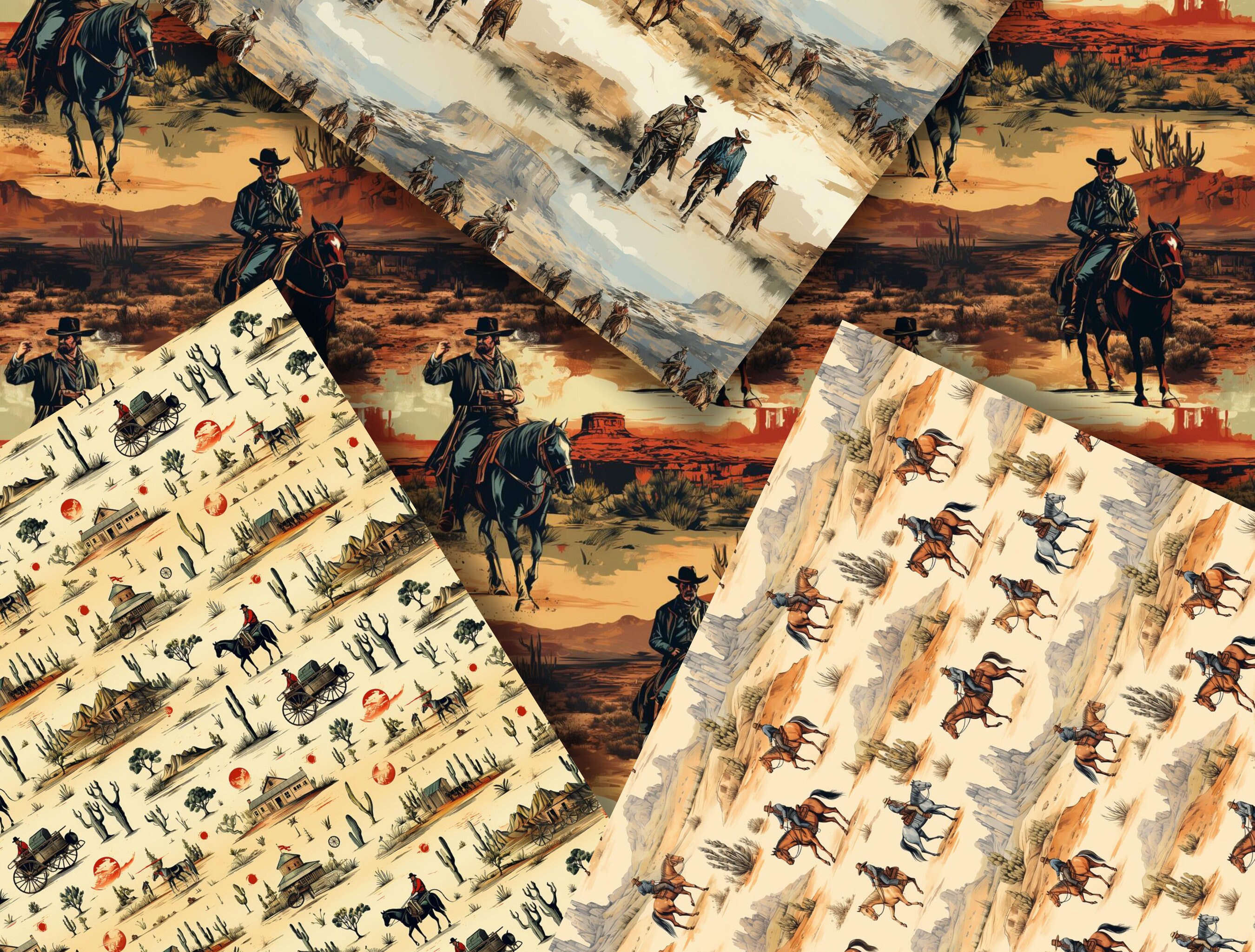 Vintage Cowboys Seamless Digital Pattern, Cactus Digital Paper, Wild ...