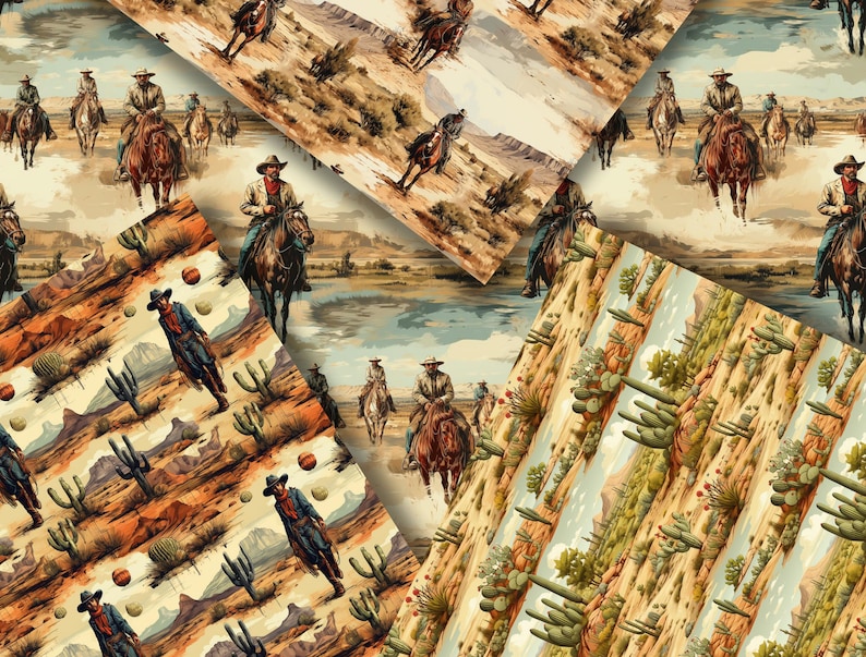Vintage Cowboys Seamless Digital Pattern, Cactus Digital Paper, Wild ...