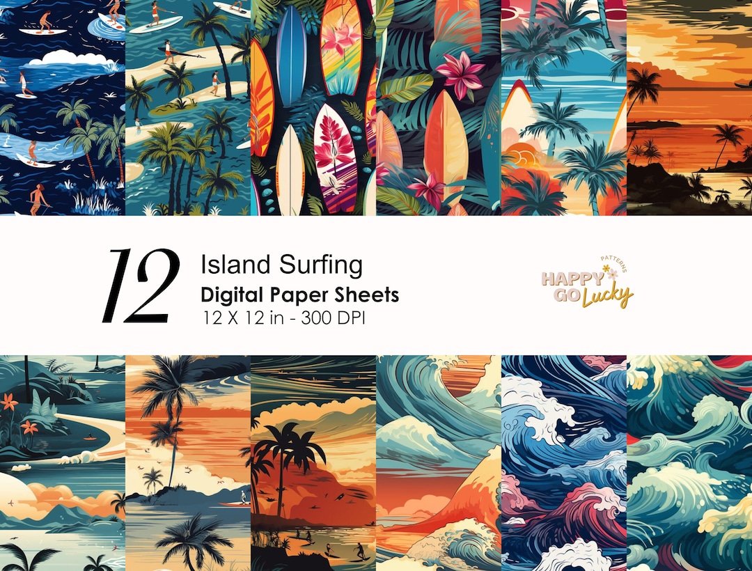 Island Surfing Seamless Pattern, Ocean Waves Digital Paper, Surfboard ...