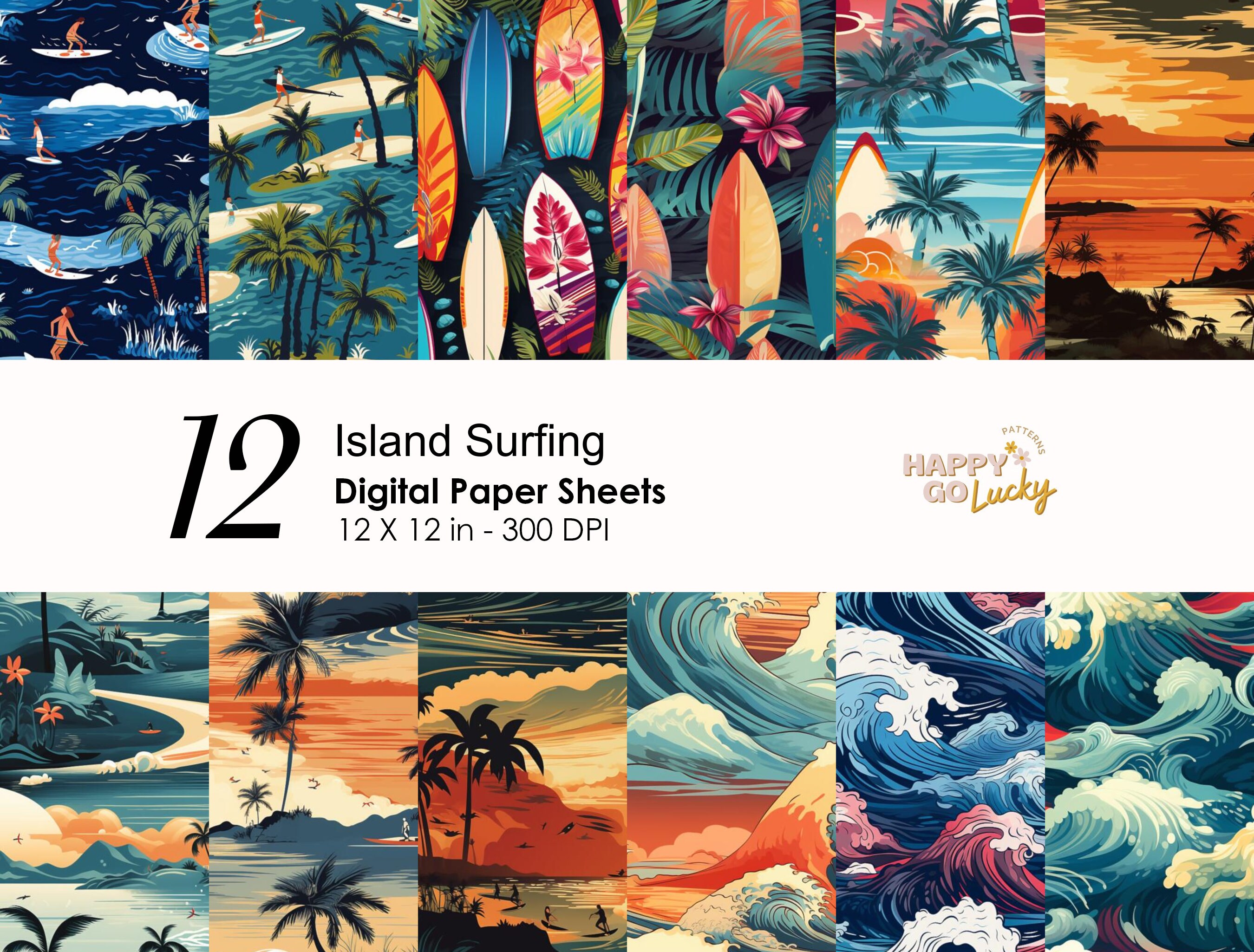 Island Surfing Seamless Pattern, Ocean Waves Digital Paper, Surfboard ...