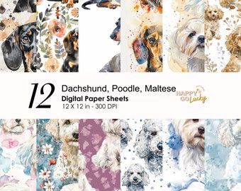 Dachshund, Maltese, Poodle Dogs Seamless Digital Pattern, Cute Small ...