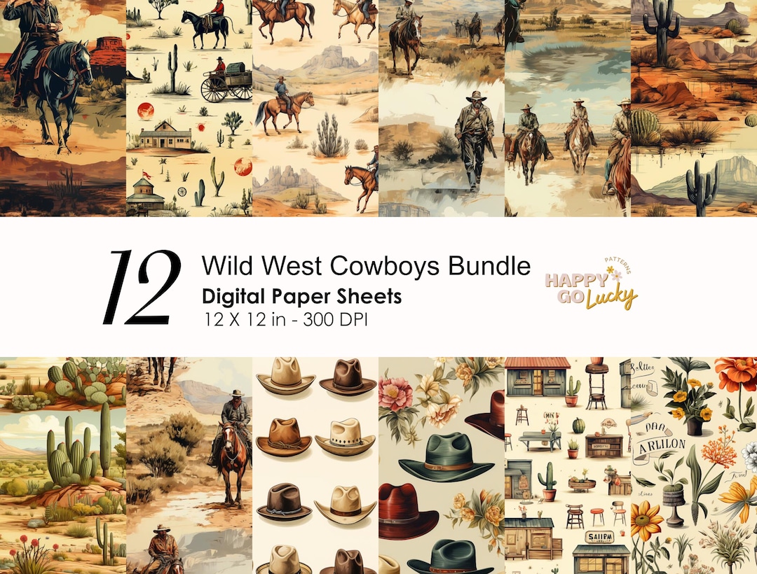 Vintage Cowboys Seamless Digital Pattern, Cactus Digital Paper, Wild ...