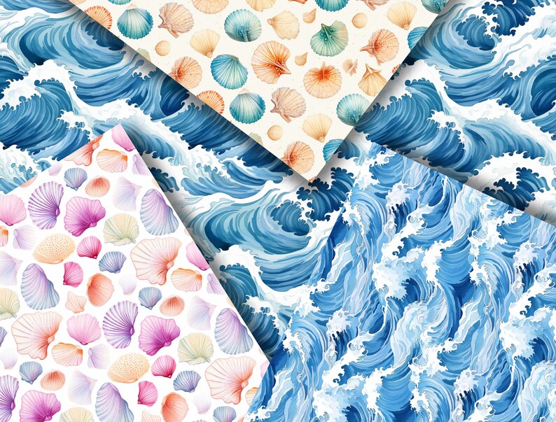 Watercolour Oceanic Seamless Pattern, Waves Digital Paper, Sea Life ...