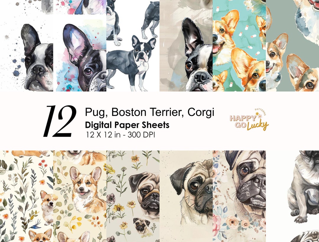 Boston Terrier, Corgi, Pug Dogs Seamless Digital Pattern, Cute Small ...