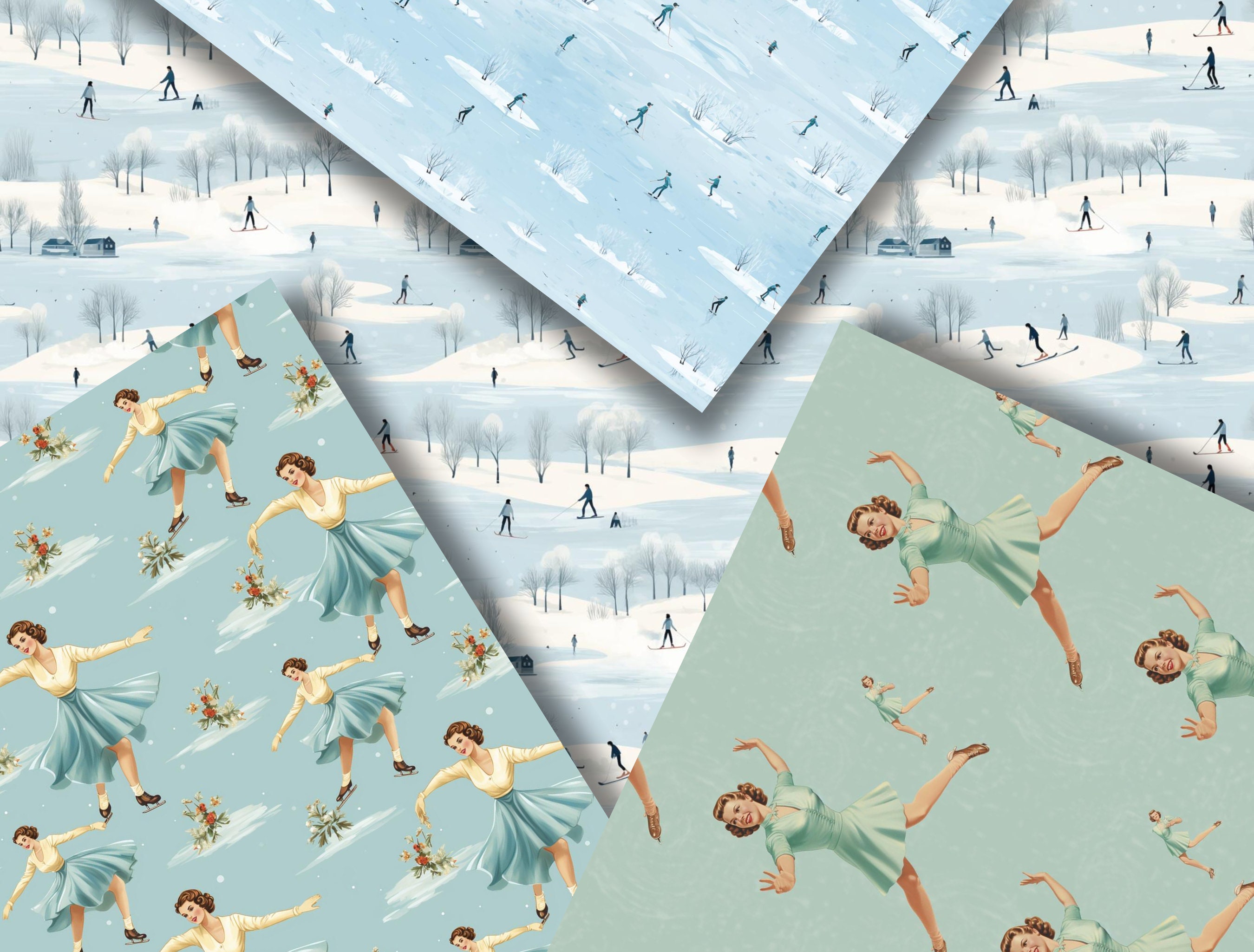 Vintage Ice Skating Seamless Digital Pattern, Winter Sport Digital ...