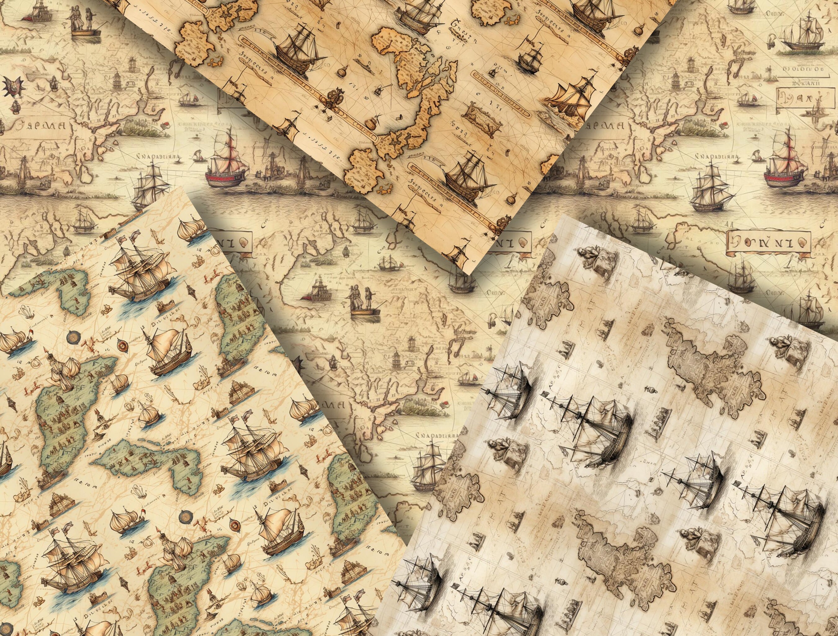 Vintage Hand Drawn Maps Seamless Pattern, Ship Digital Paper, Old-style ...