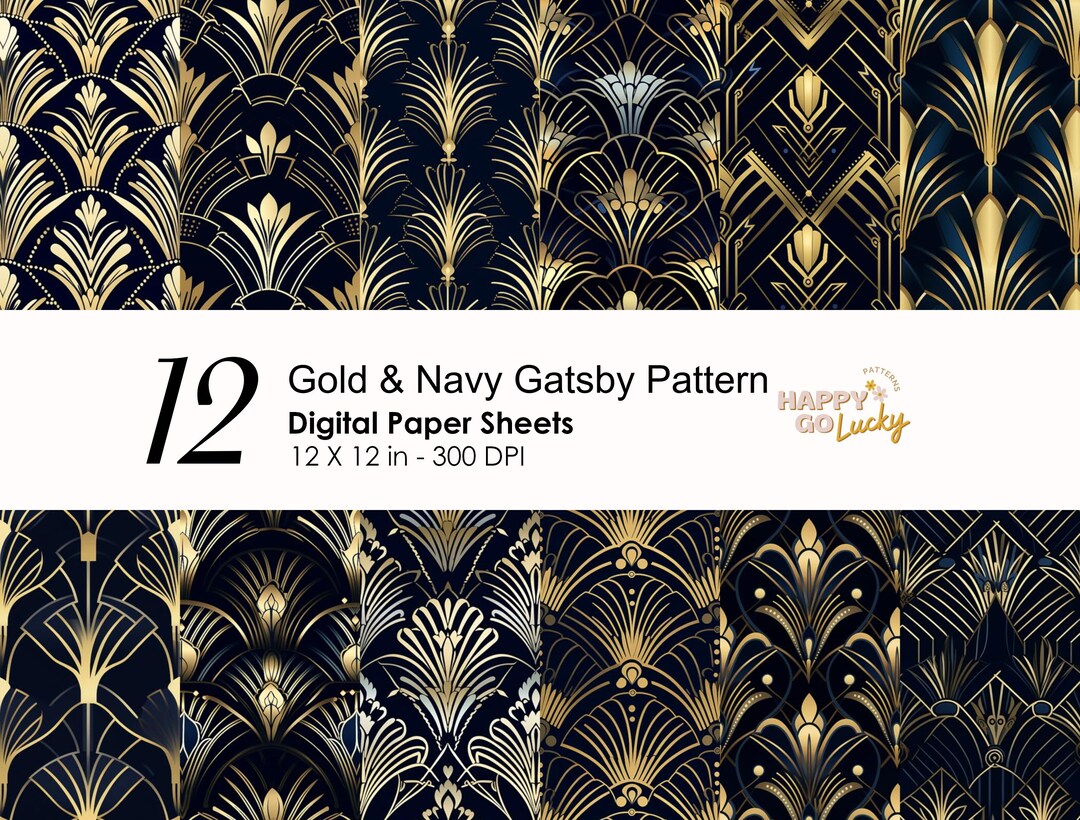Great Gatsby Seamless Pattern, Glamorous Digital Paper, Navy and Gold ...