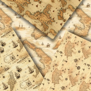 Vintage Hand Drawn Maps Seamless Pattern, Ship Digital Paper, Old-style ...