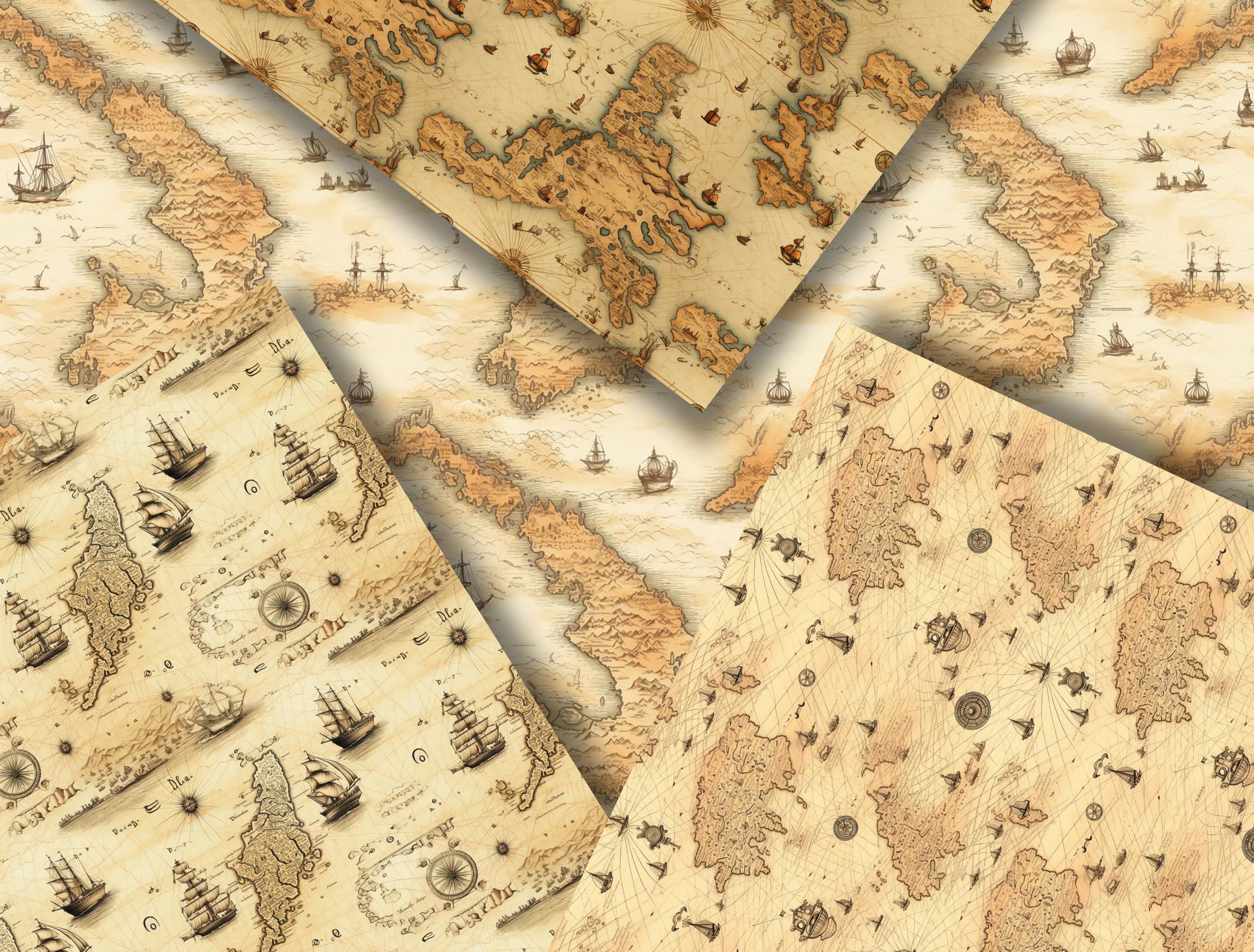 Vintage Hand Drawn Maps Seamless Pattern, Ship Digital Paper, Old-style ...