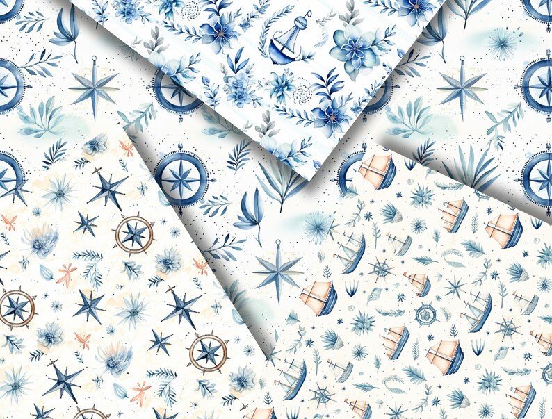 Watercolour Boho Nautical Seamless Digital Pattern, Explore Ship ...