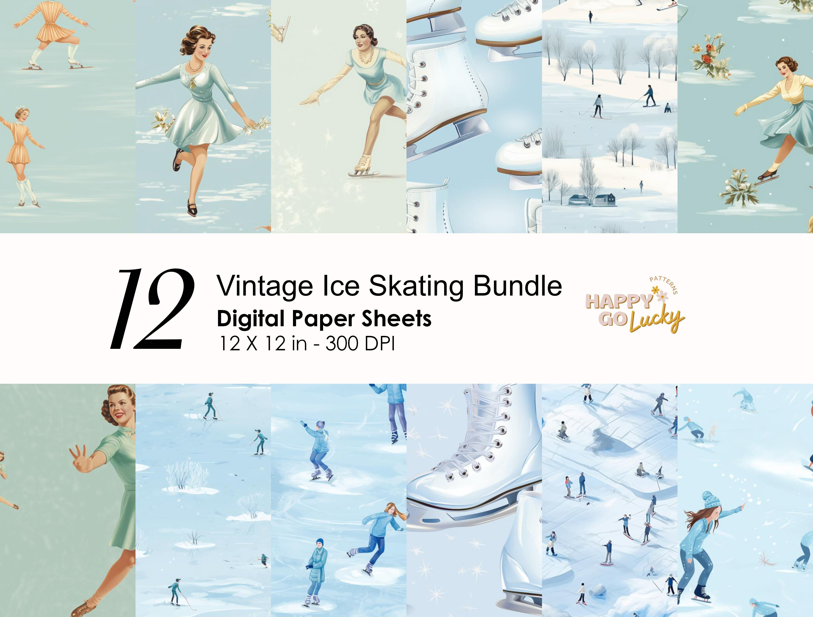 Vintage Ice Skating Seamless Digital Pattern, Winter Sport Digital ...