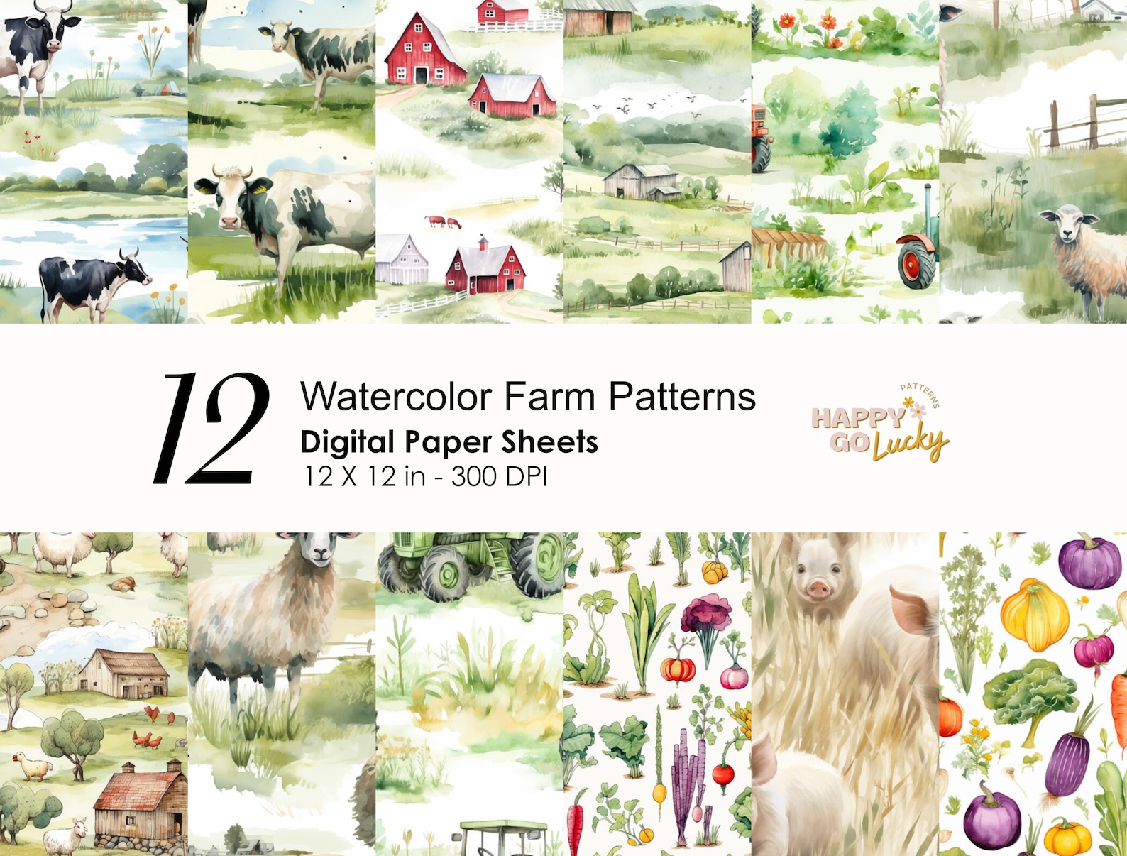 Watercolor Farm Seamless Pattern, Farm Animals Digital Paper, Sheep ...