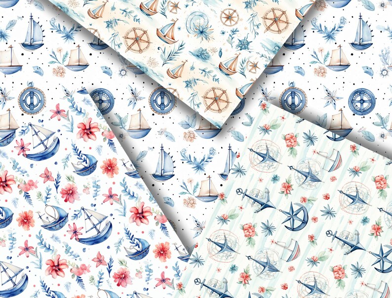 Watercolour Boho Nautical Seamless Digital Pattern, Explore Ship ...