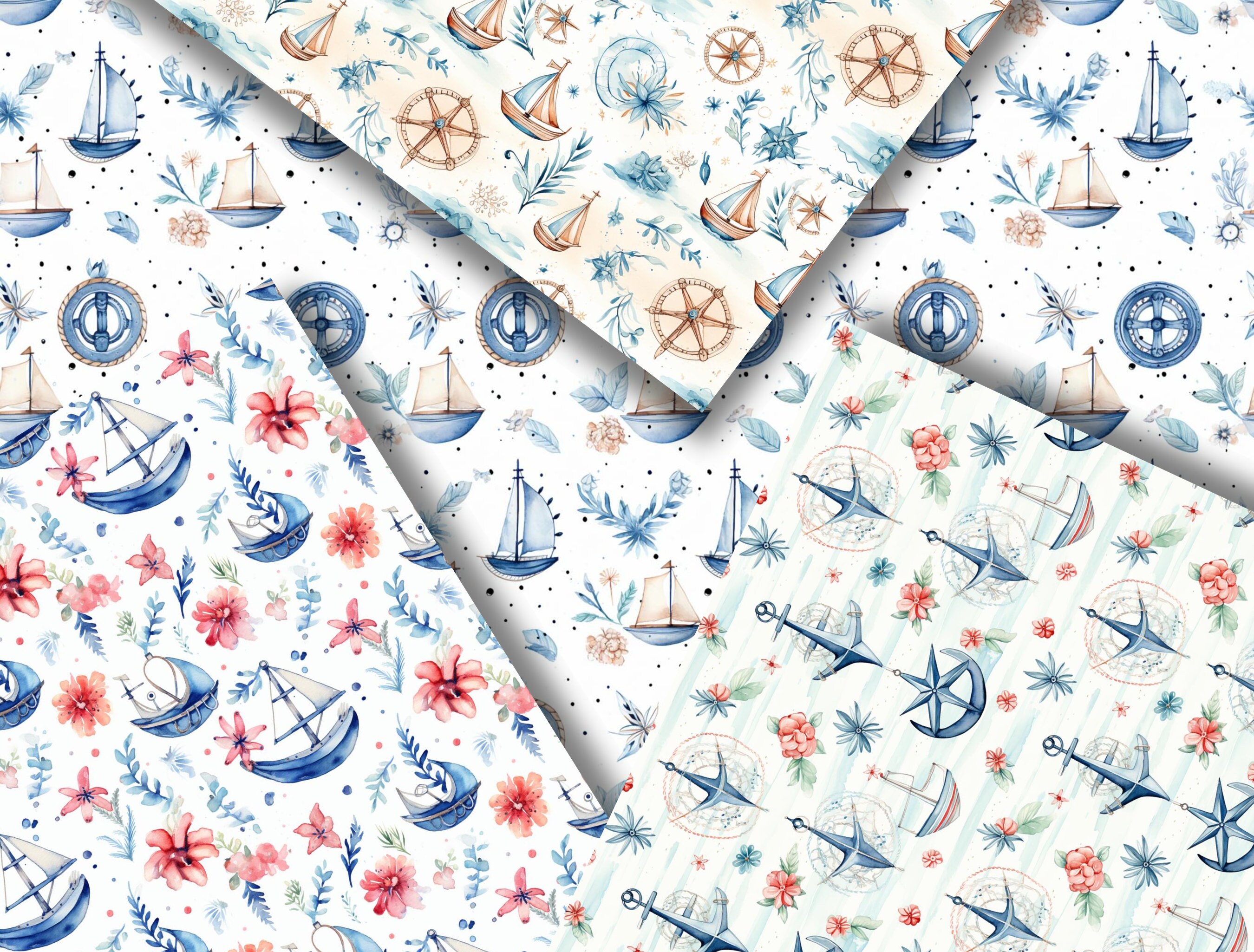 Watercolour Boho Nautical Seamless Digital Pattern, Explore Ship ...