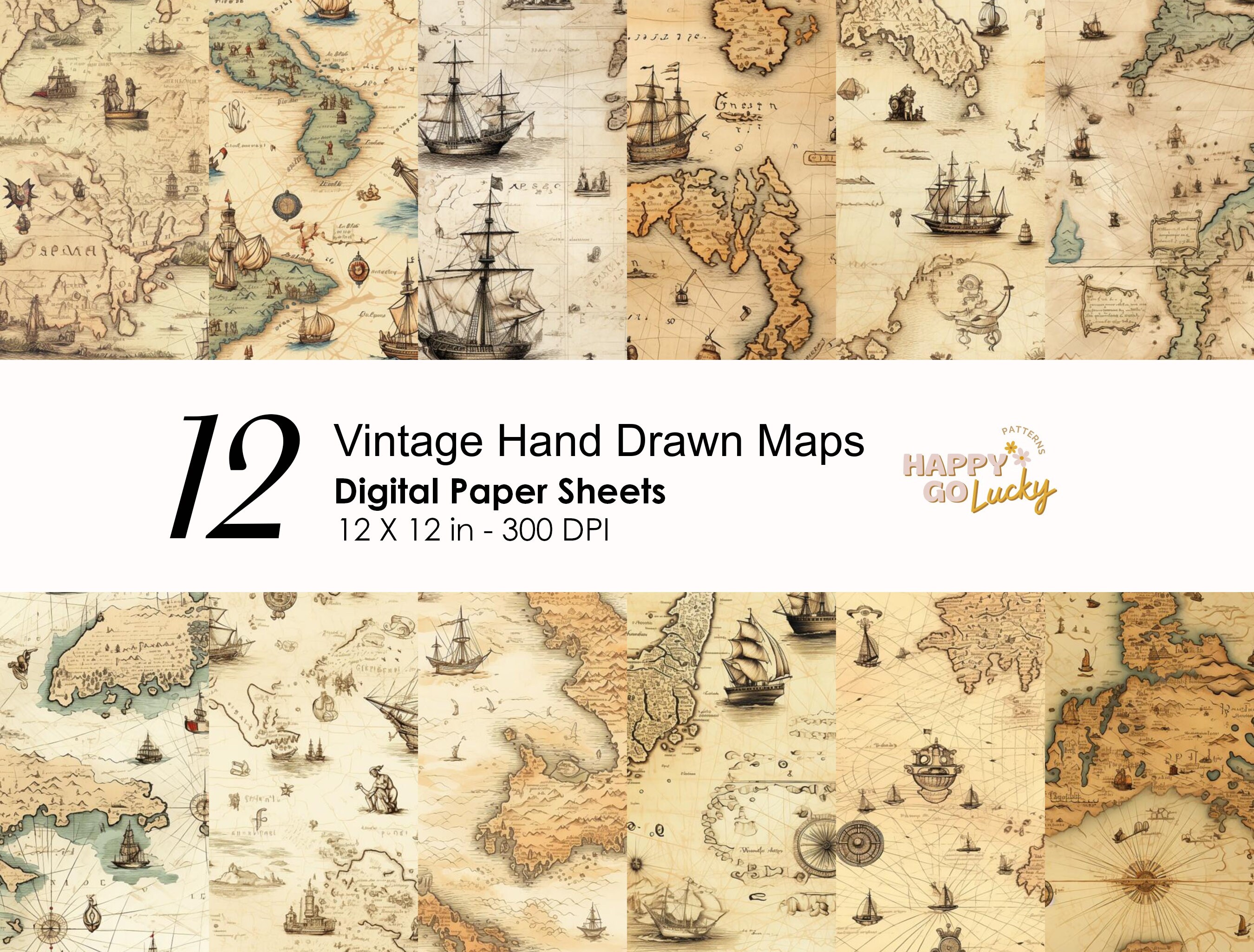 Vintage Hand Drawn Maps Seamless Pattern, Ship Digital Paper, Old-style ...