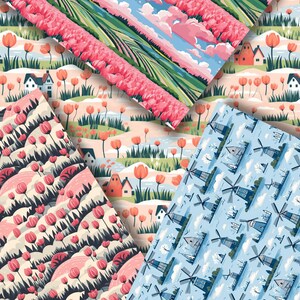 Dutch Houses Seamless Pattern, Tulip Fields Digital Paper, Windmills ...