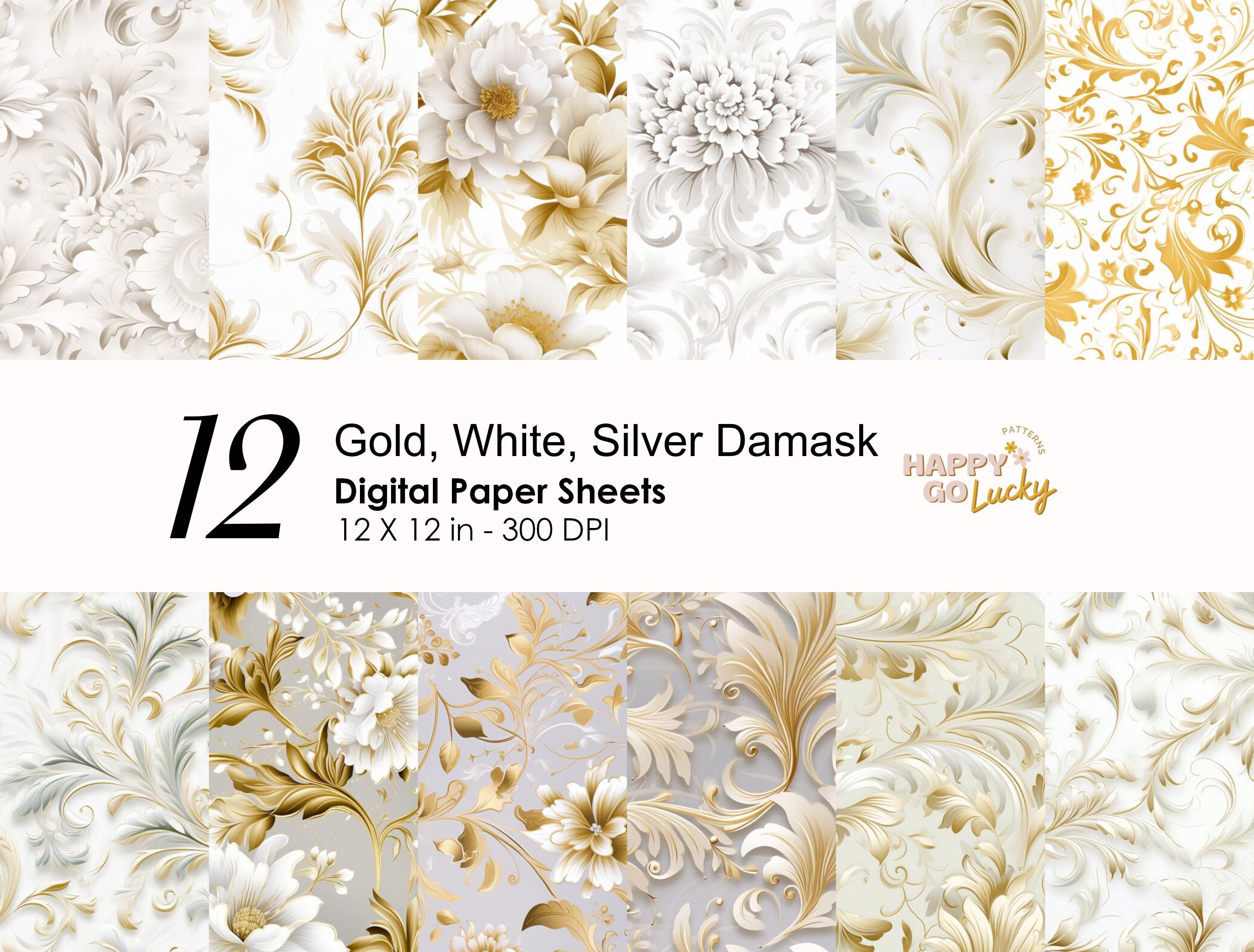 Elegant White & Gold Damask Seamless Pattern, Wedding Flower Digital ...