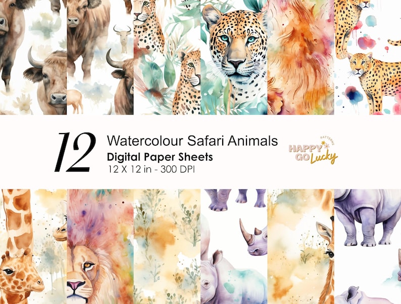 African Safari Seamless Pattern, Watercolour Animals Digital Paper ...