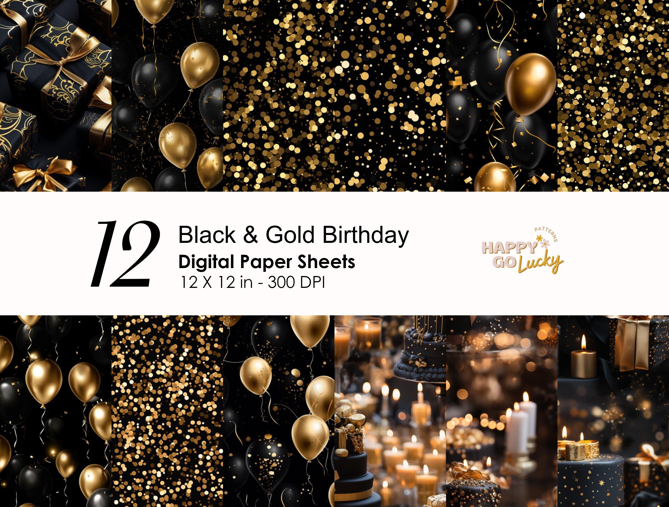 Black & Gold Birthday Seamless Pattern, Luxury Digital Paper, Balloons ...