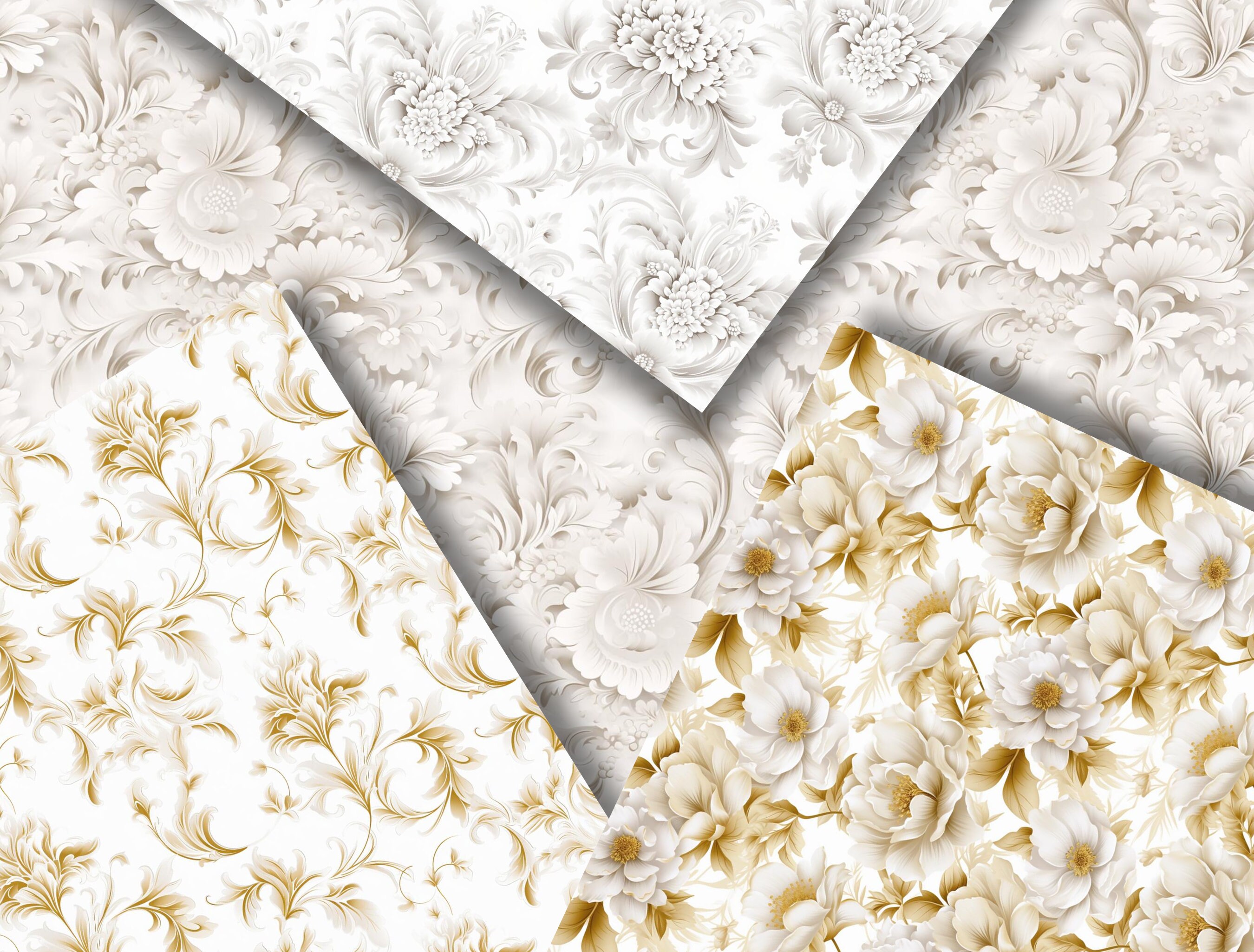 Elegant White & Gold Damask Seamless Pattern, Wedding Flower Digital ...