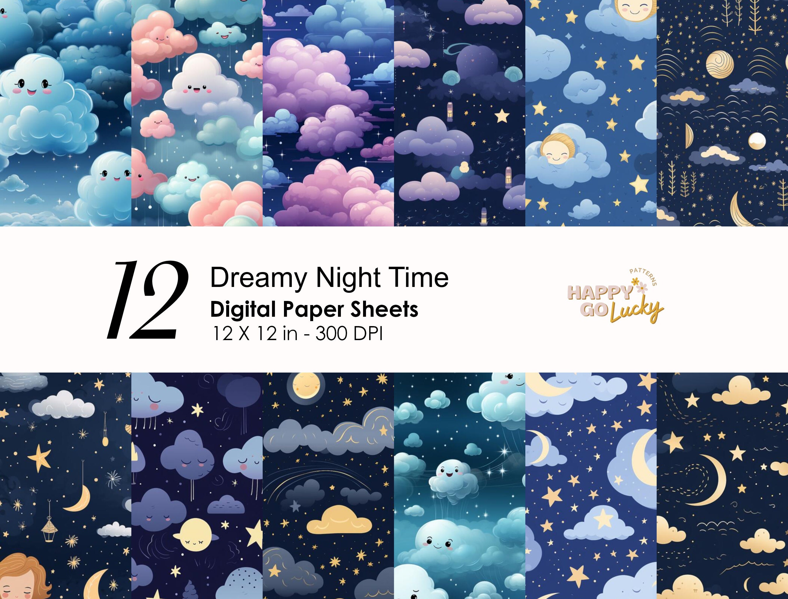 Dreamy Sleep Time Seamless Pattern, Clouds & Moons Digital Paper, Sleep ...