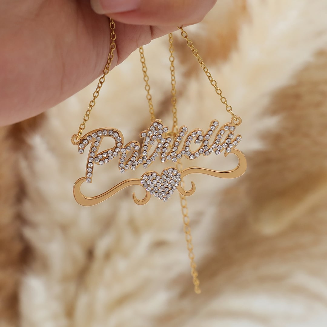 Custom Bling Name Necklace, Pave Name Necklace, Gold Crystal Name ...