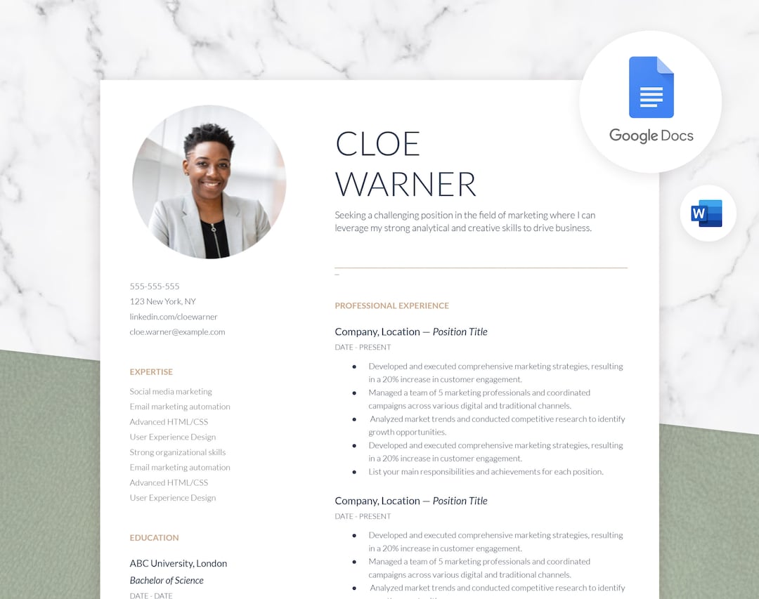 Clean Resume Template Google Docs & Word. Minimalist Executive Resume ...
